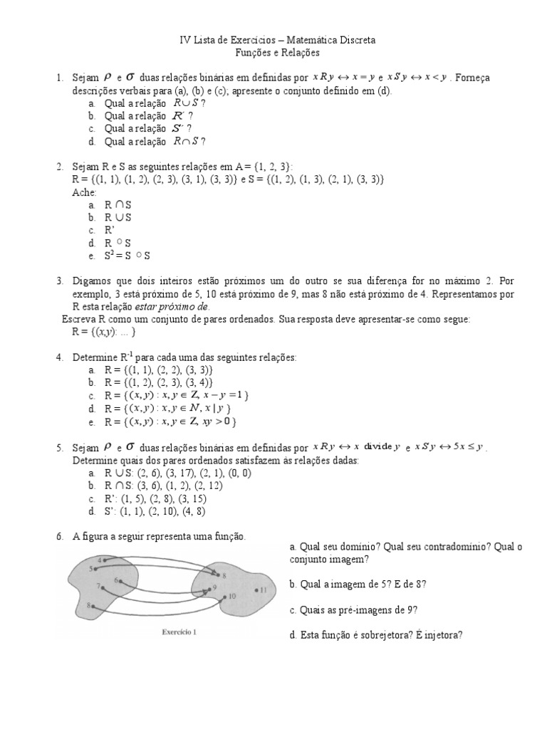 IV Lista de Exercicios - MD - Relacoes e Funcoes | PDF | Função ...