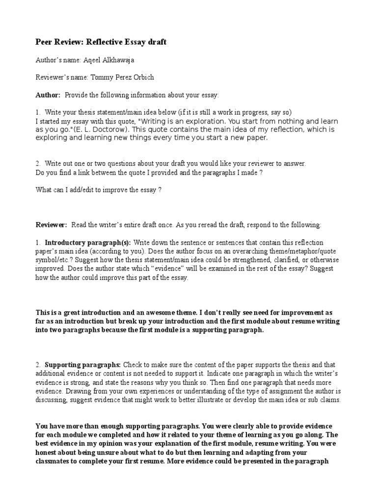 Reflective Essay Peer Review | PDF | Paragraph | Essays