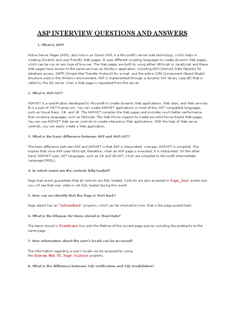 Asp Interview Questions And Answers Pdf Class Computer Programming World Wide Web