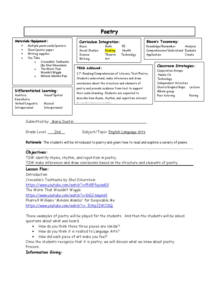 Poetry Lesson Plan 2nd Grade | PDF | Rhyme | Poetry