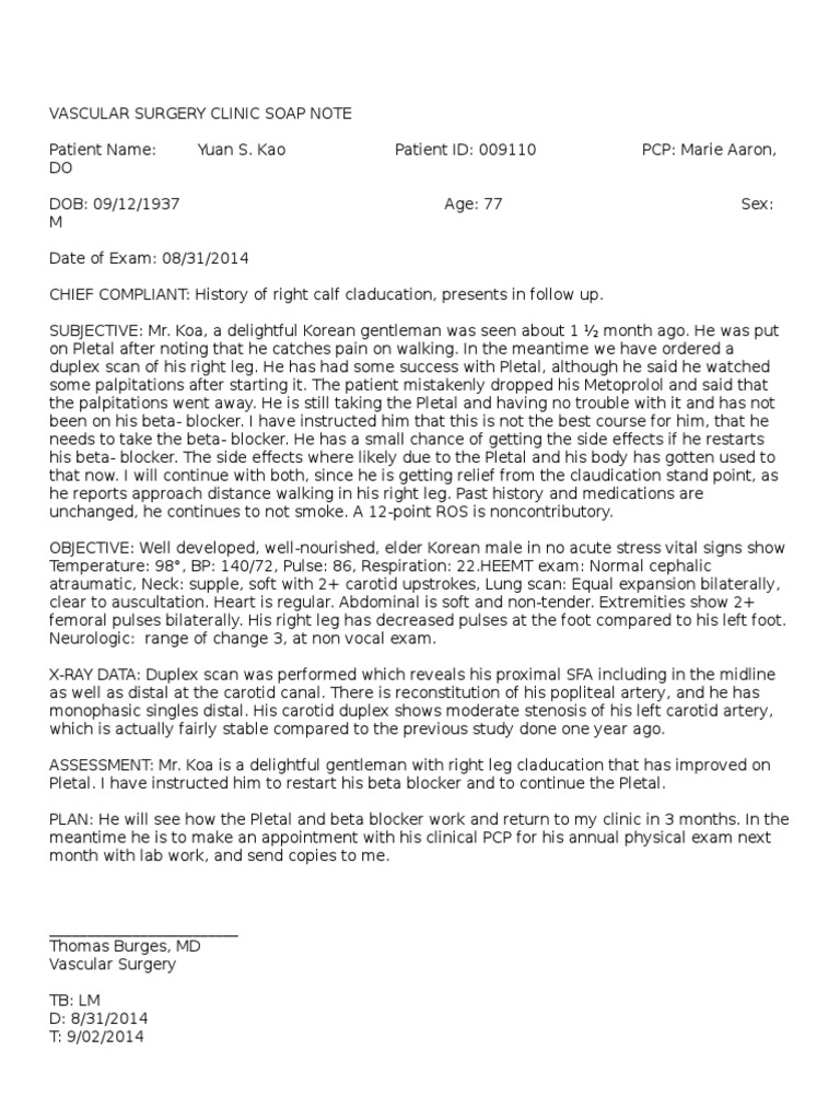 Vascular Surgery SOAP Note: Mr. Koa | PDF | Pulse | Angiology