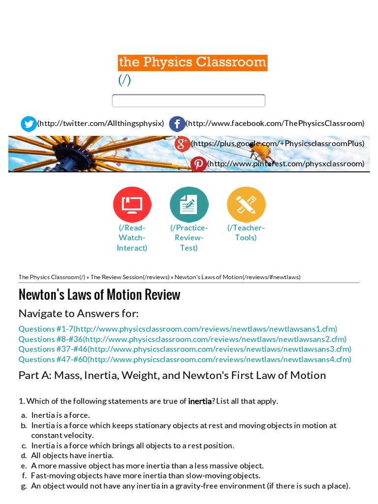 Newton's Laws of Motion Review: Navigate To Answers For | PDF | Inertia ...
