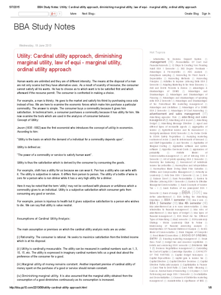 BBA Study Notes - Utility - Cardinal Utility Approach, Diminishing ...