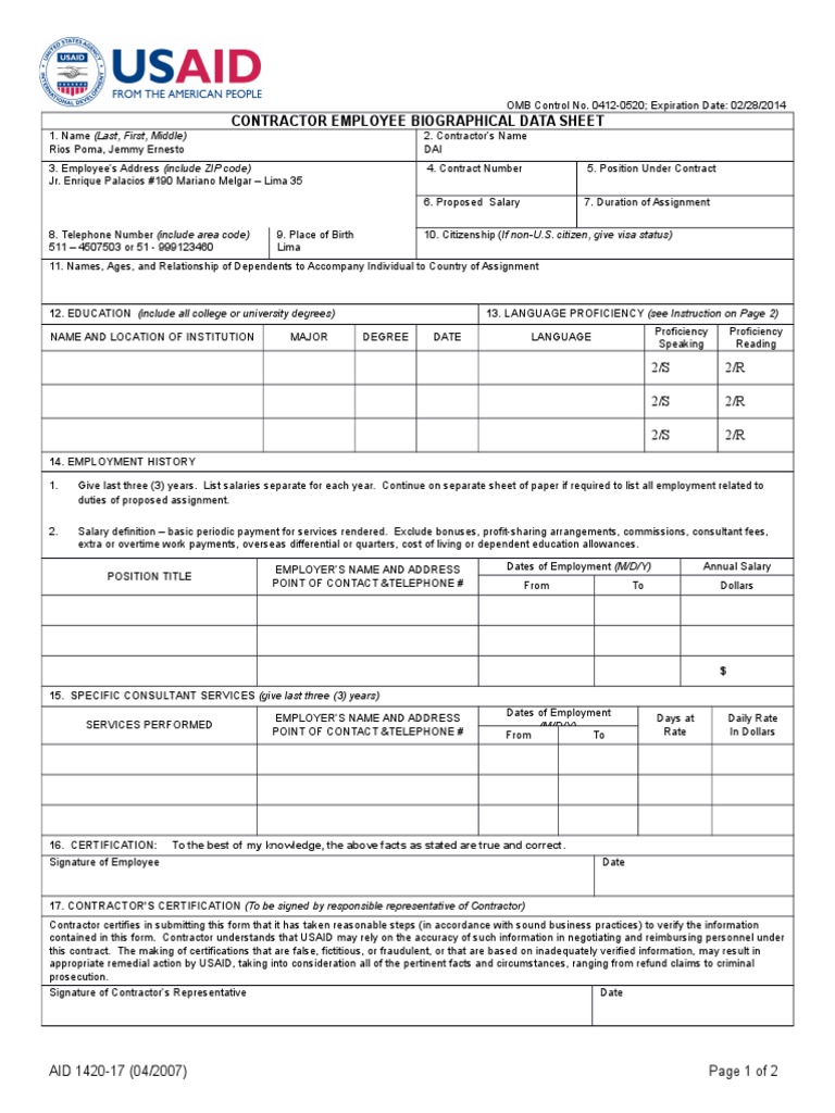 EBD Form 1420-17 | PDF | United States Agency For International ...