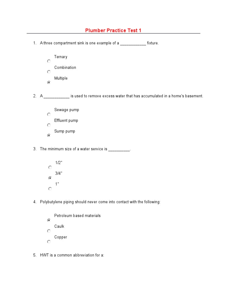 Plumber Practice Test 1 | PDF | Plumbing | Tap (Valve)