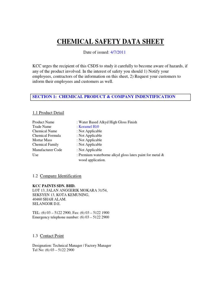 Chemical Safety Data Sheet: Section 1: Chemical Product & Company ...