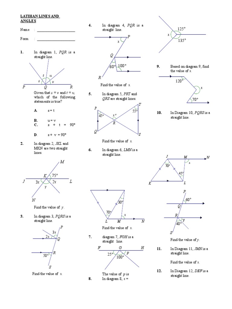 Lines and Angles Practice Exercises | PDF