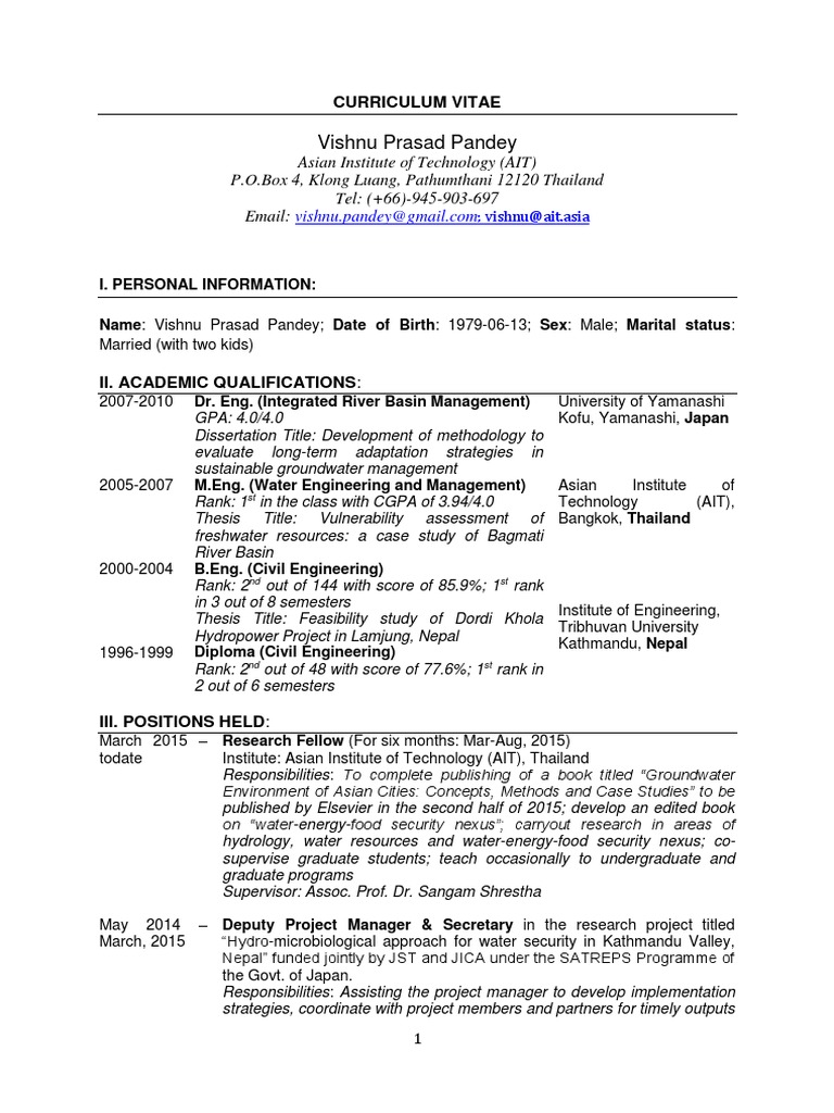 CV of Dr. Vishnu Prasad Pandey | PDF | Water Resources | Groundwater