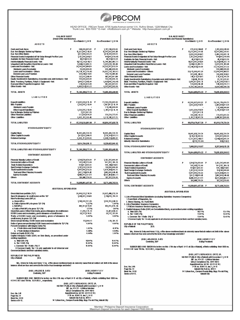 PBCom Balance Sheet Overview 2015 | PDF | Retained Earnings | Equity ...