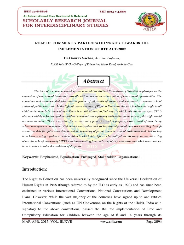 ROLE OF COMMUNITY PARTICIPATION/NGO's TOWARDS THE IMPLEMENTATION OF RTE ACT-2009 | PDF | School ...