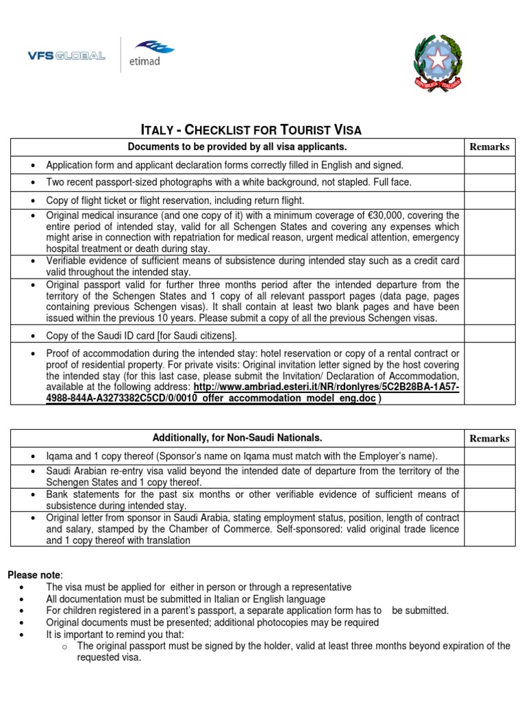 Italy Tourist Visa Document Checklist | PDF