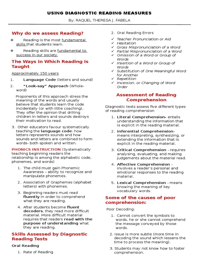 Using Diagnostic Reading Measures Pdf Reading Comprehension