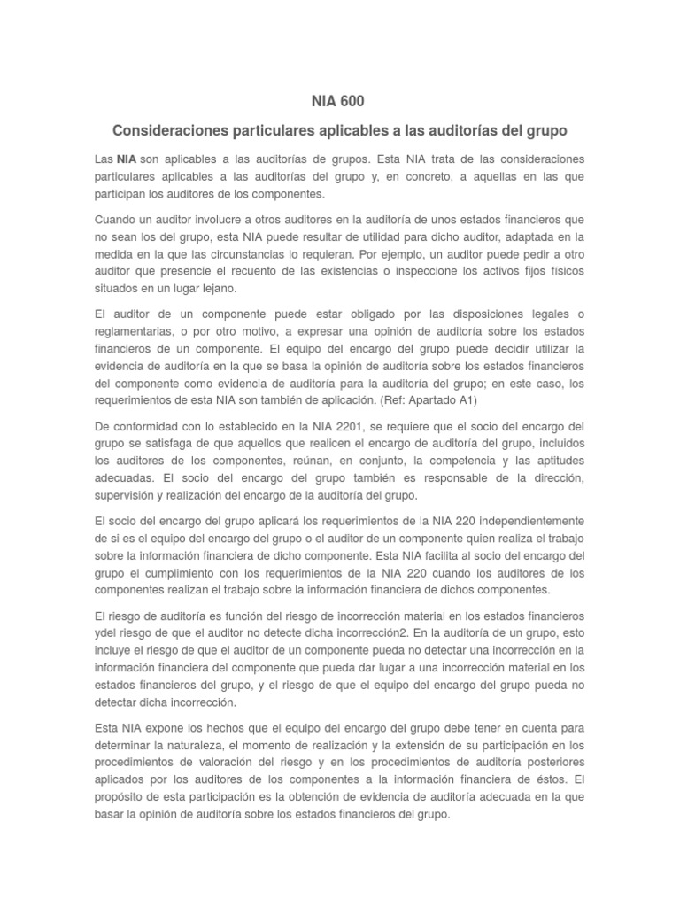 NIA 600, 610, 620 | Contralor | Auditoría financiera
