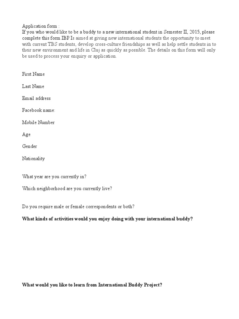 International Buddy Program Application Form | PDF | Social Science