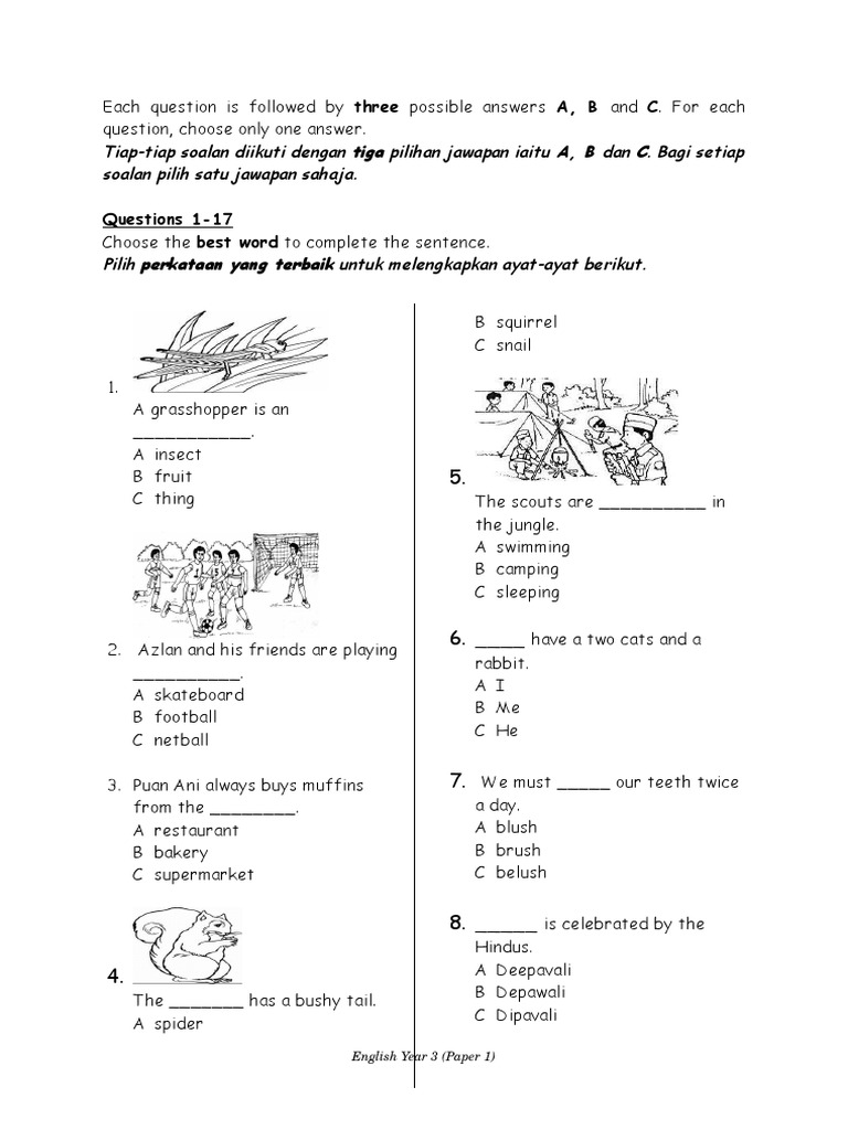Year 3 English Assessment Paper | PDF | Foods