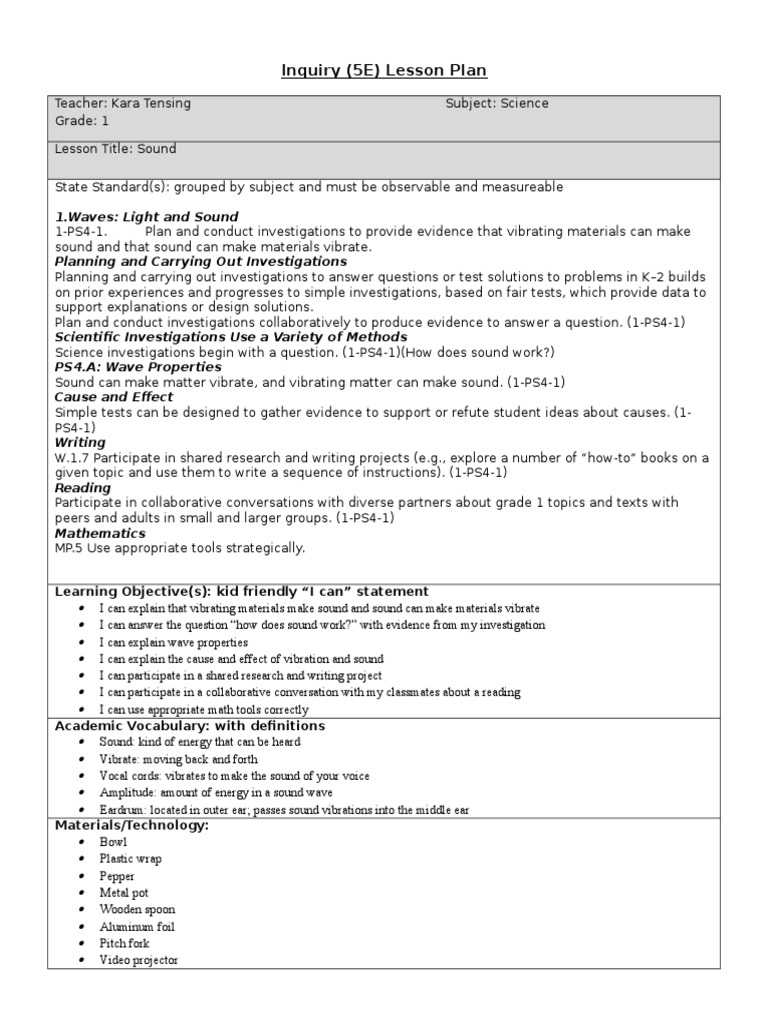 Inquiry (5E) Lesson Plan: 1.waves: Light and Sound | PDF | Educational ...