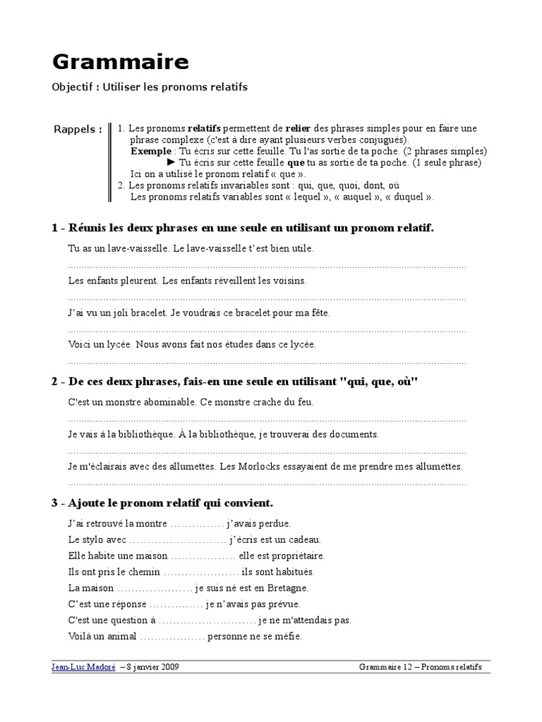 Exercices sur les pronoms relatifs | PDF | Phrase | Pronom