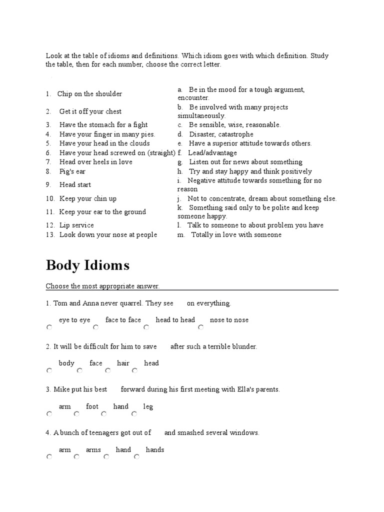 Exercises With Body Parts - Idioms | PDF | Language Arts & Discipline