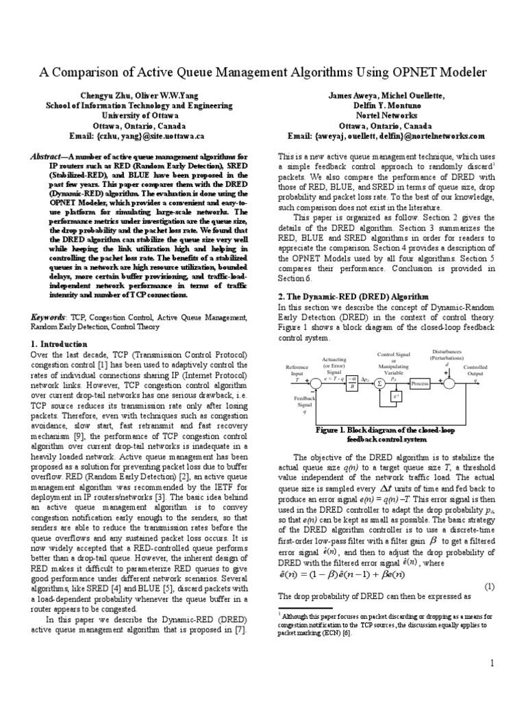 A Comparison of Active Queue Management Algorithms Using OPNET Modeler | PDF | Network ...