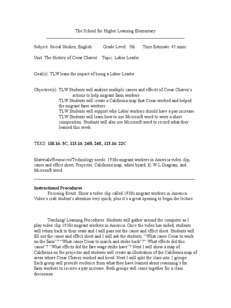 Lesson Plan Cesar Chavez 2 | PDF | Labour Economics | Lesson Plan