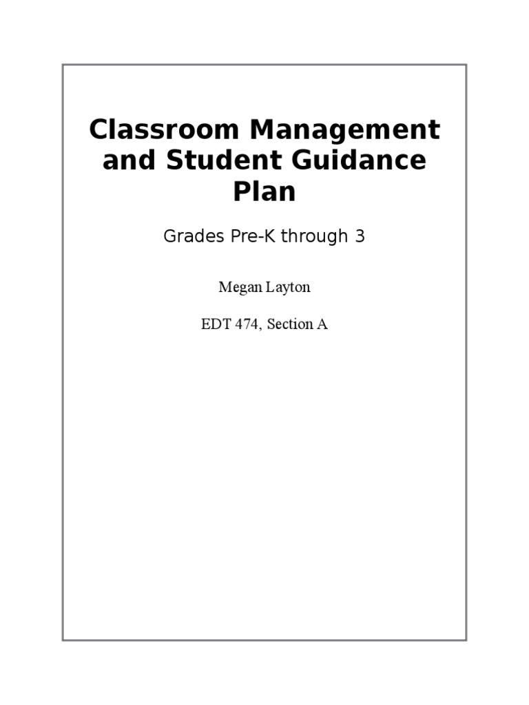 Classroom Management and Student Guidance Plan: Grades Pre-K Through 3 ...