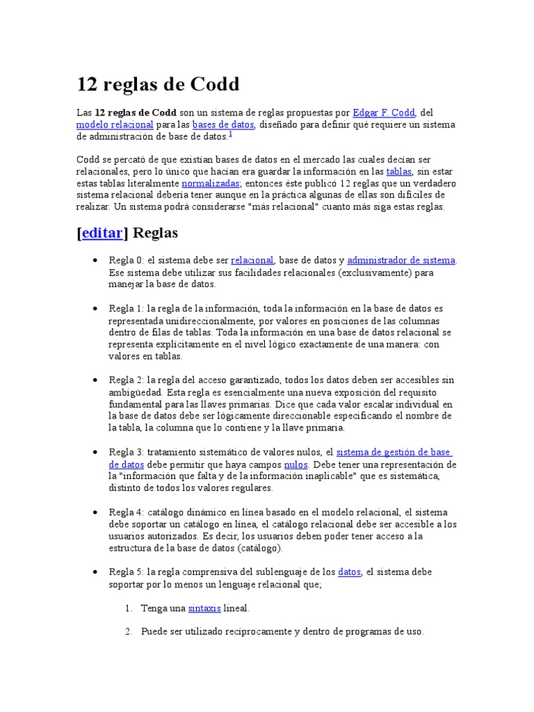12 Reglas de Codd | Modelo relacional | SQL