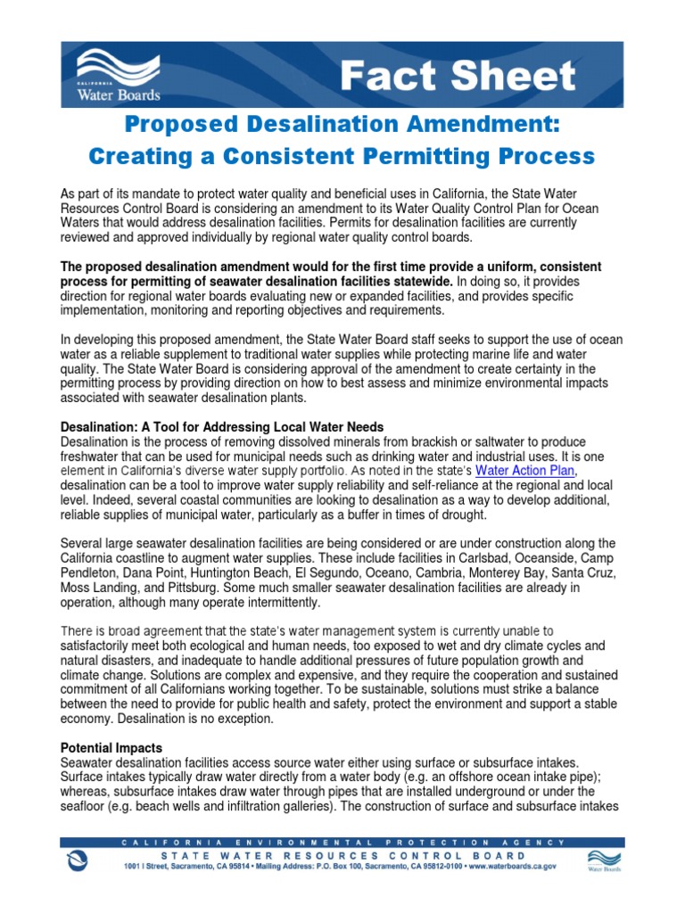 SWRCB Desal Fact Sheet | PDF | Desalination | Seawater