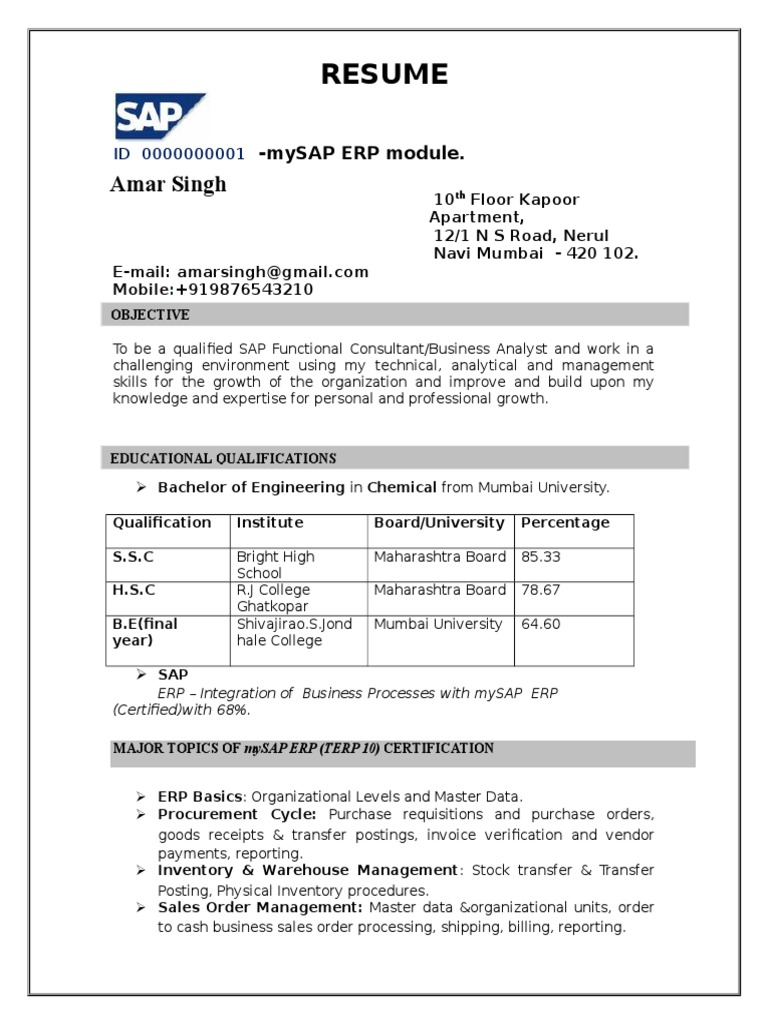 SAP SD Resume Format | PDF | Sap Se | Enterprise Resource Planning