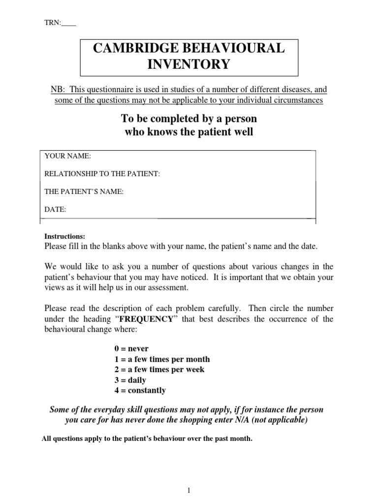 Cambridge Behavioural Inventory Form | PDF | Dementia | Behavioural ...
