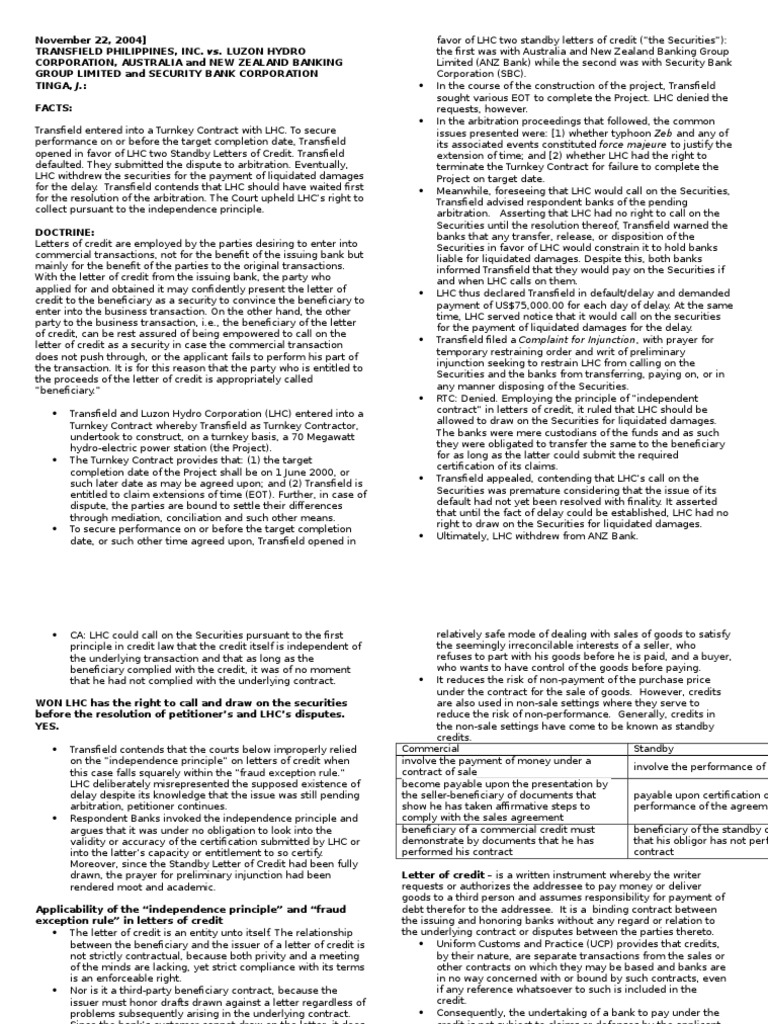 Transfield Vs LHC | PDF | Letter Of Credit | Civil Law (Legal System)