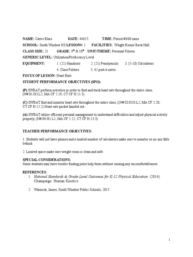 Personal Fitness Lesson Plan #1 | PDF | Heart Rate | Physical Fitness