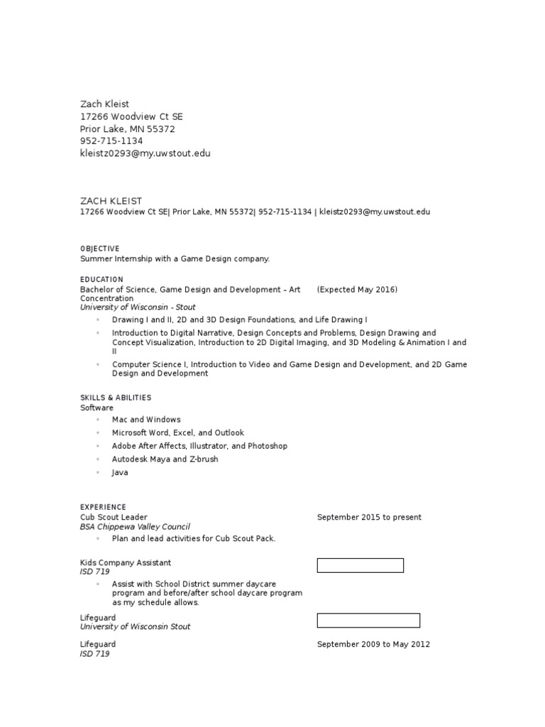 Zach Kleist's Game Design Internship Resume | PDF | Computers