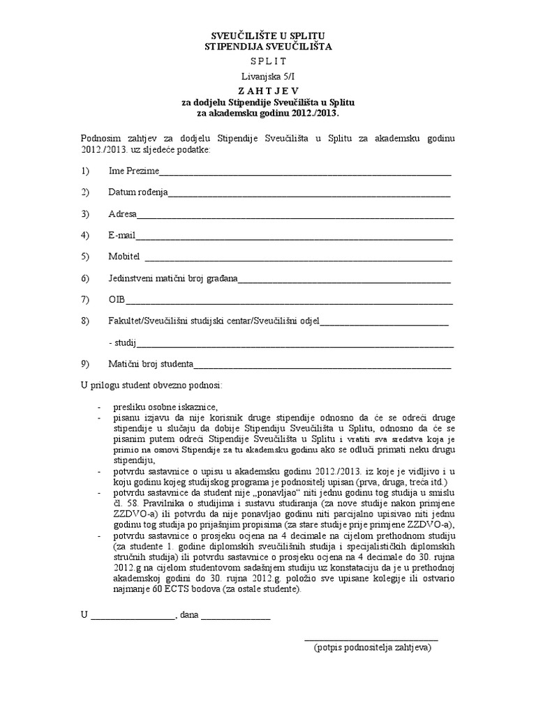ZAHTJEV Za Stipendiju | PDF