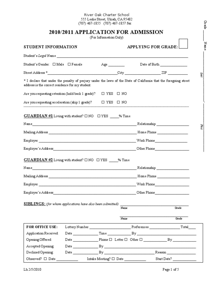 2010/2011 Application For Admission: Student Information Applying For ...