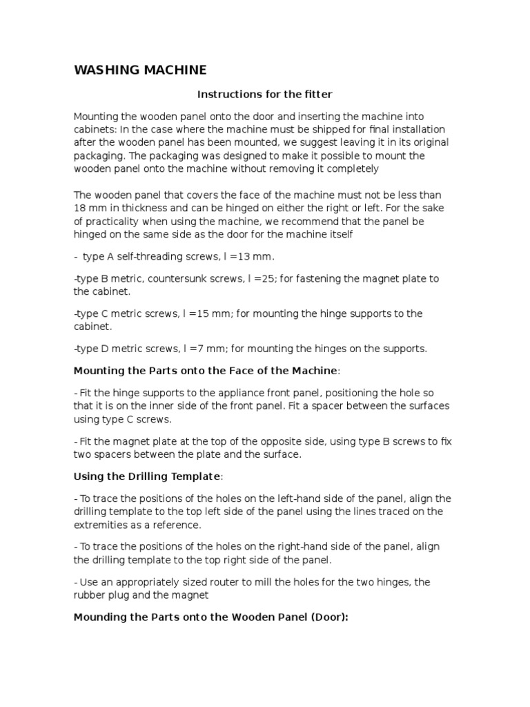 Washing Machine: Instructions For The Fitter | PDF | Cabinetry | Screw