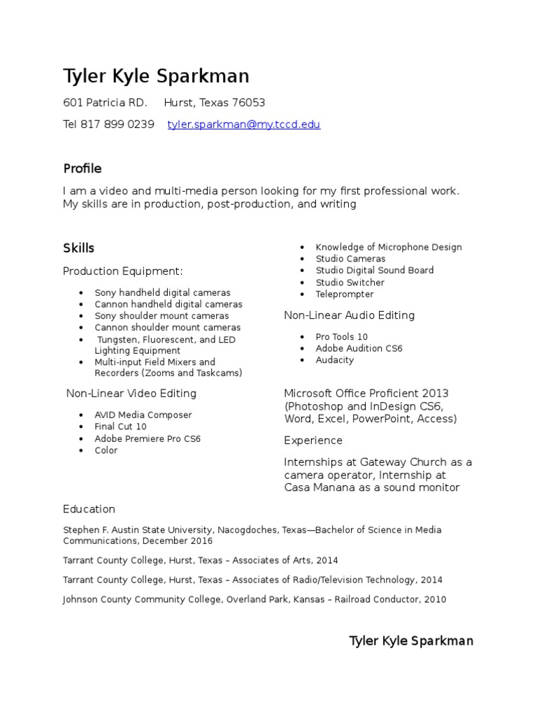 Tyler Kyle Sparkman Resume & Cover Letter | PDF | Video | Media Technology