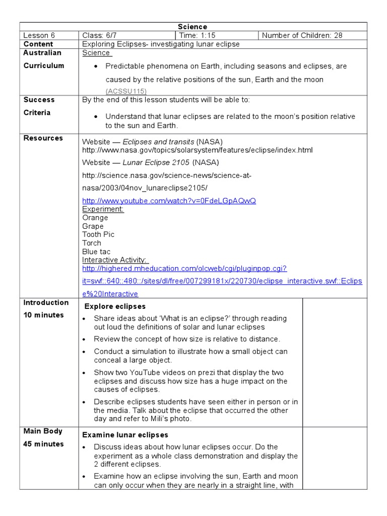 Lesson Plan 6 | PDF | Solar Eclipse | Eclipse