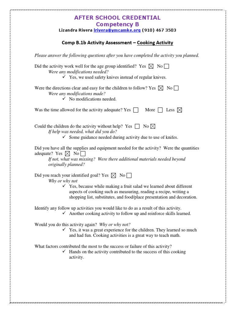Comp B 1b Activity Assessment - Cooking Activity | PDF