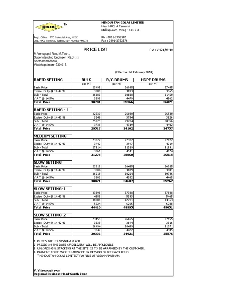 Emulsion Price List 01-02-2010 | PDF | Business