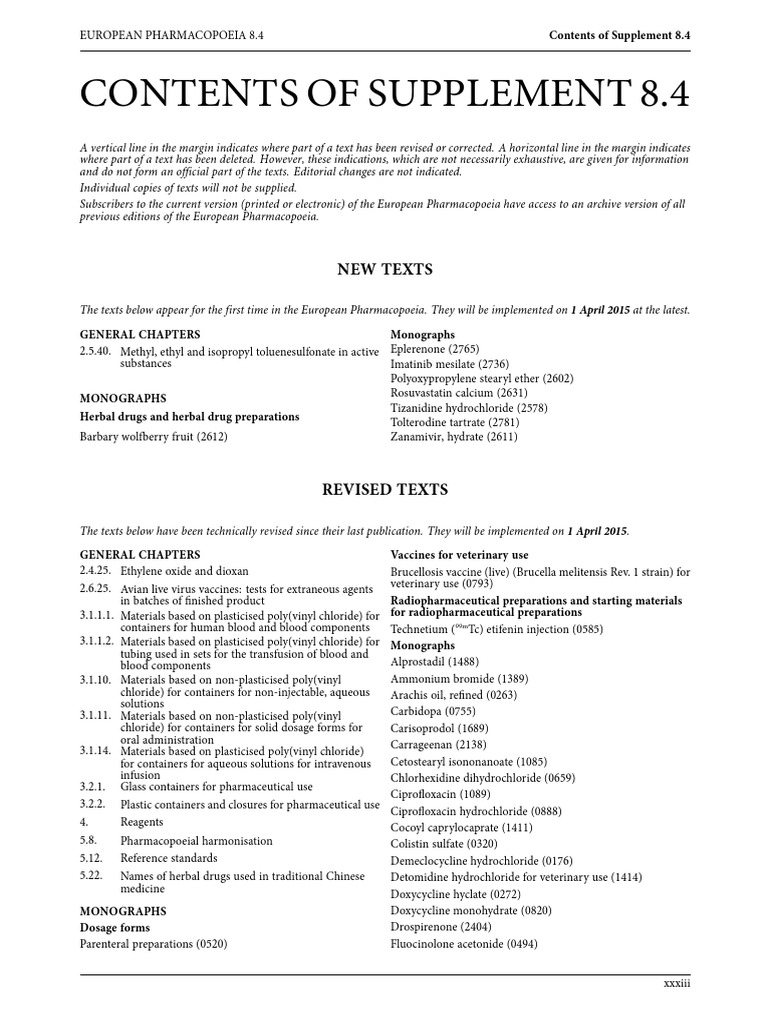 Contents of Supplement 84 | Drugs | Chemical Substances