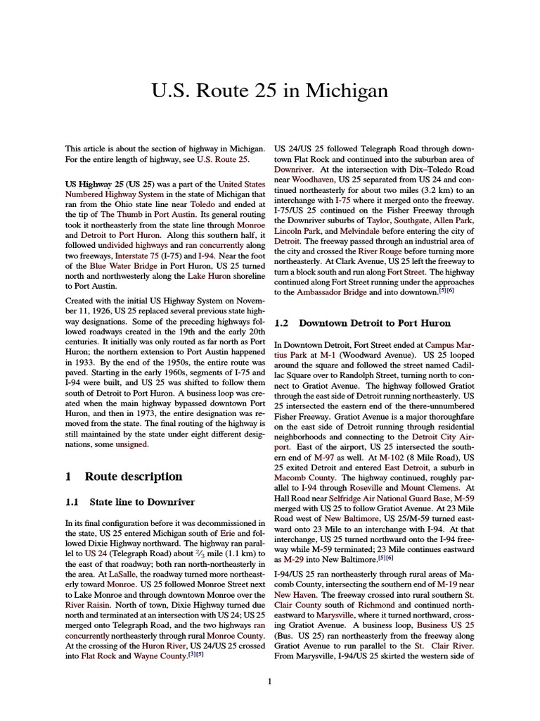 U.S. Route 25 Overview in Michigan | PDF | Michigan | Land Transport