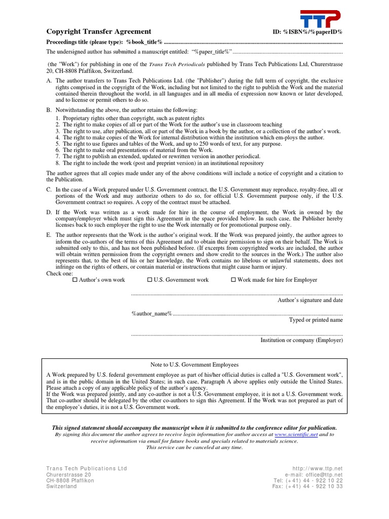 Copyright Transfer Agreement Template | PDF | Copyright | Employment