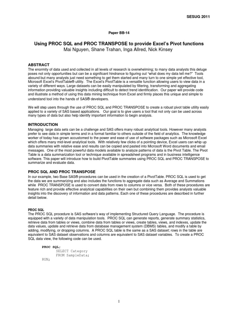 Proc SQL Vs Proc Transpose | PDF | Sas (Software) | Sql