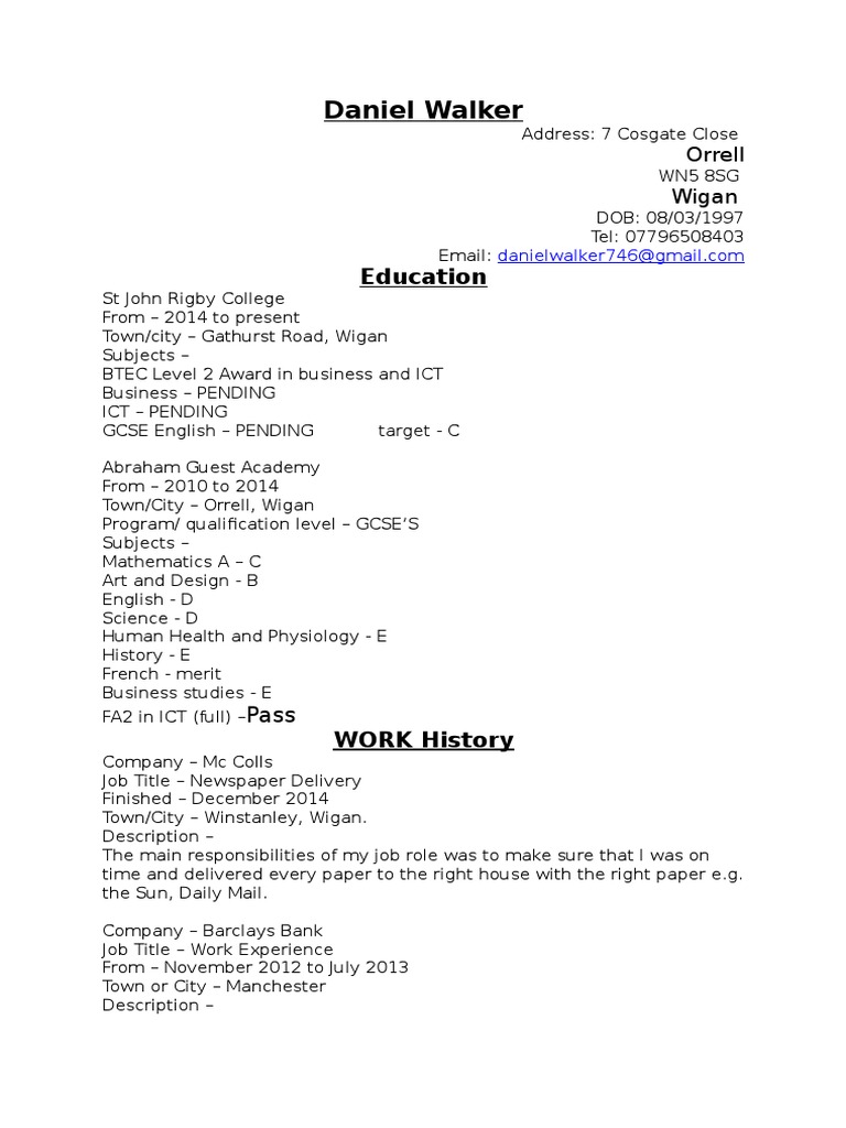 Daniel Walker Resume Overview | PDF | Career & Growth