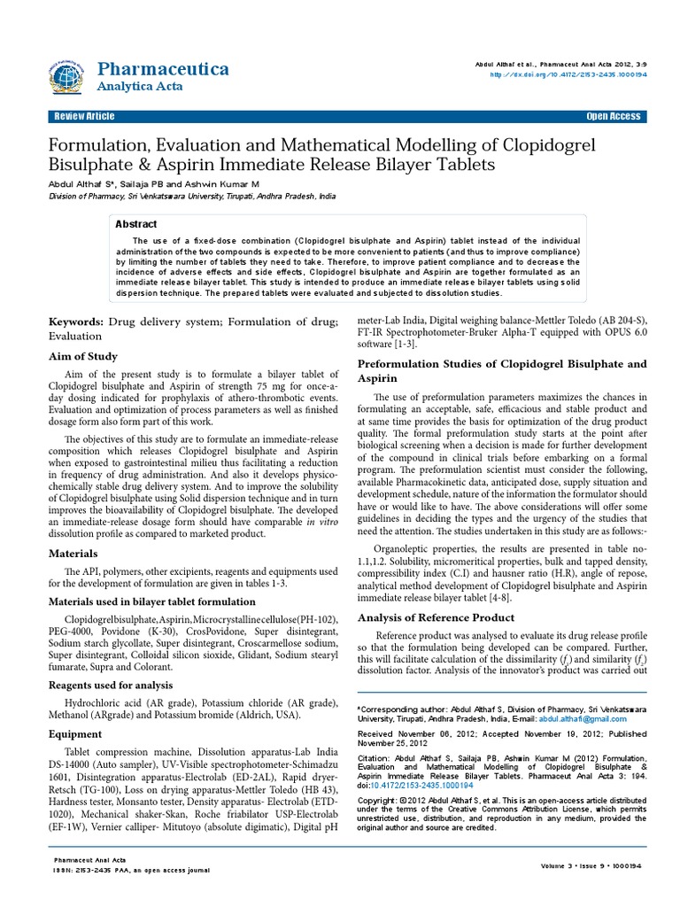 Formulation Evaluation and Mathematical Modelling of Clopidogrel Bisulphate Aspirin Immediate ...