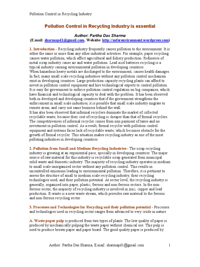 Pollution Control in Recycling Industry | PDF | Recycling | Waste