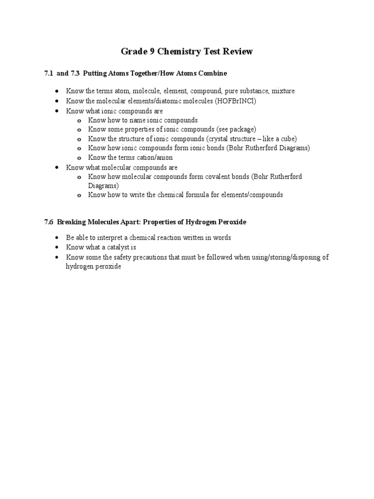 Grade 9 Chemistry Test Review Guide | PDF | Chemical Compounds | Molecules