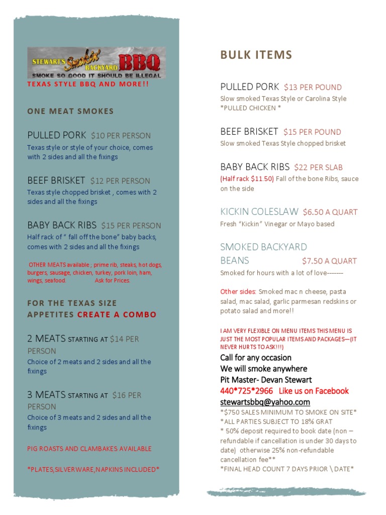 Stewart's Smokin Backyard BBQ Catering Menu | PDF