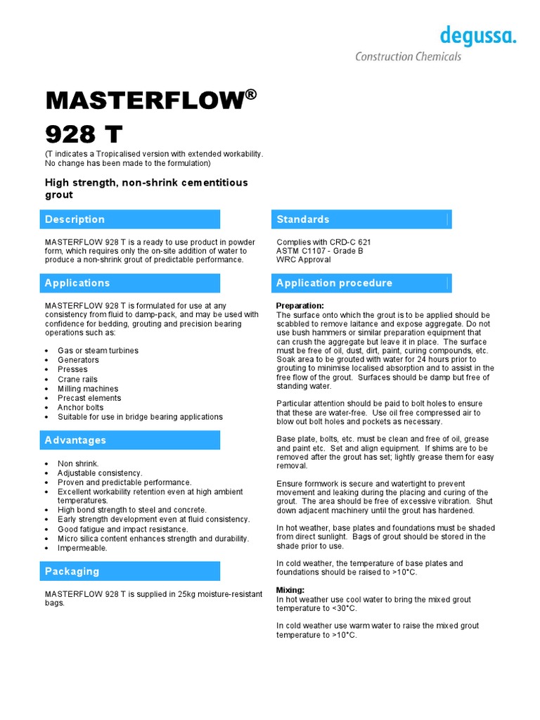 TDS - Masterflow 928 T | PDF | Strength Of Materials | Concrete