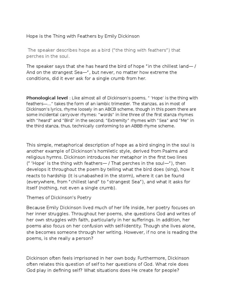 Hope Is The Thing With Feathers by Emily Dickinson | PDF | Emily ...